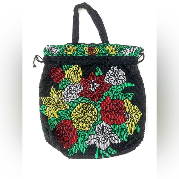 Bags | Vintage Beaded Floral Bag Rose Purse Yellow Black Tulip Cinch ...